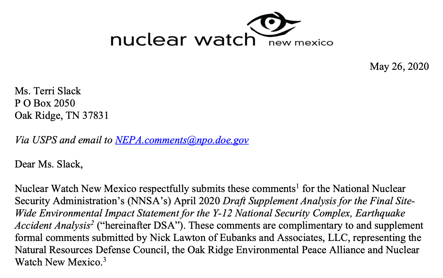 Nuclear Watch NM — Comments on Y-12 Draft SA - NukeWatch NM