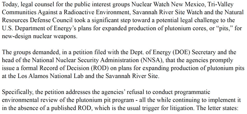Plutonium Pit Production - NukeWatch NM